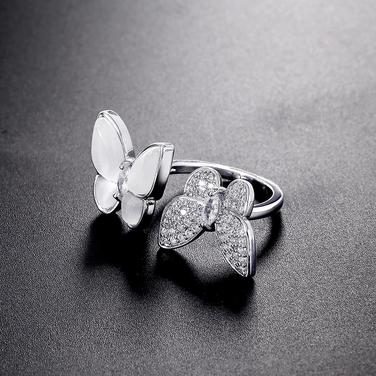 U/B Double Butterfly Rings for Women Natural Opal Ring Ladies Fashion Hand Jewelry AAA Cubic Zirconia Adjustable Ring (Silver)