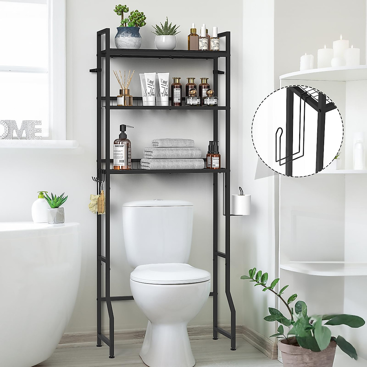 YBING Over The Toilet Rack 3 Tier Bathroom Shelf Over Toilet Storage Organizer Freestanding above Toilet Storage Rack with Metal Frame and Hook Bathroom Stand and Space Saver Shelf,Black
