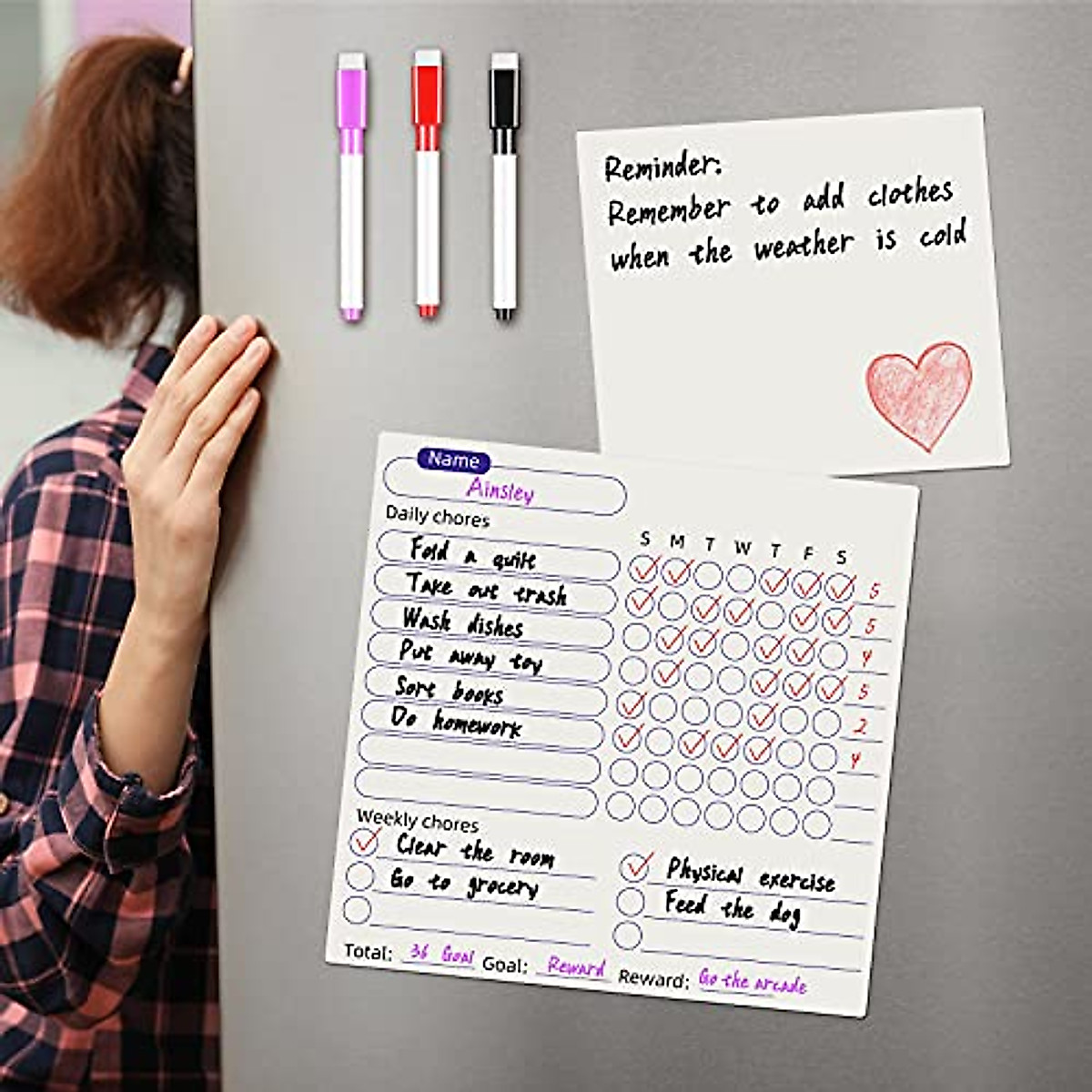 4 Pieces Magnetic Chore Chart Set, Dry Erase Refrigerator Charts, 10 Magnetic Markers with Dry Eraser, Daily Responsibility Magnetic Dry Erase Board Charts for Kid Teen Adult Fridge School Home Supply