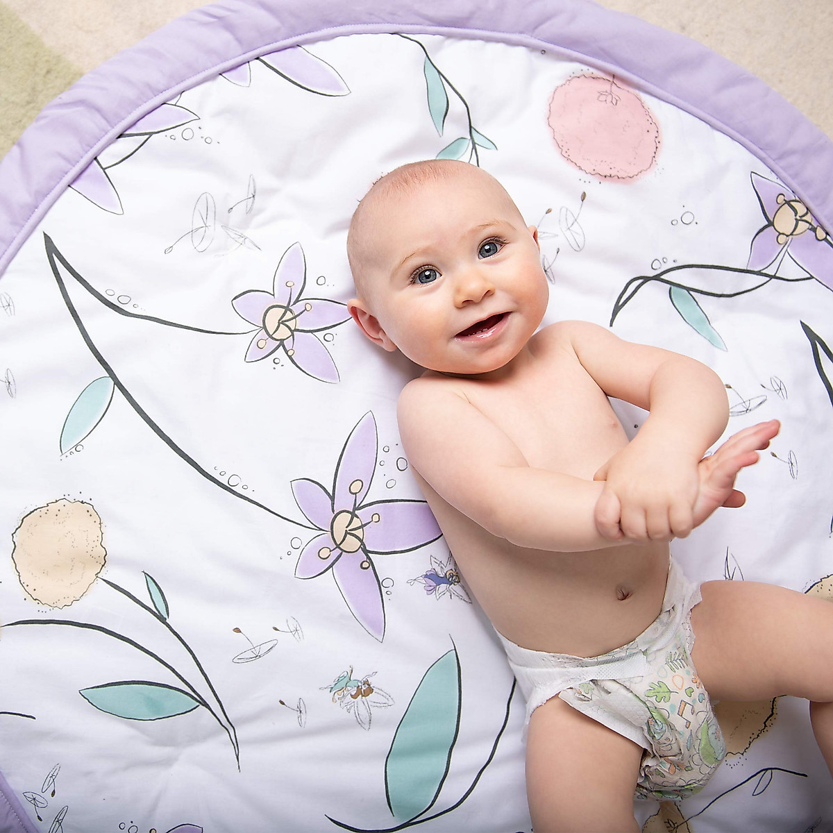 JumpOff Jo – Baby Quilted Floor Mat for Tummy Time Play, Soft & Safe Crawling Mat for Babies, 36" Portable Baby Play Mat for Playdates, Traveling - Fairy Blossom Pink