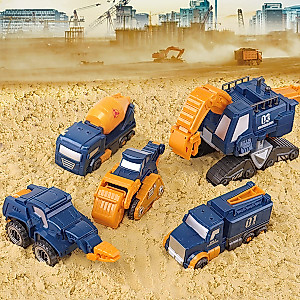 Toddler Construction Car Transform Set, 5pcs Dinosaur Rescue Robot with Magnetic Connectors, Assemble Building Trucks DIY STEM Toy, Holiday Birthday Present for Kids Boy Girl 3 4 5 6 7 Year