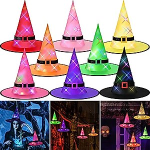 8 Pieces Halloween Hanging Lighted Witch Hat Decorations Halloween Decorations Glowing Witch Hat Lights Battery Operated Hanging Lighted Glowing Witch Hat for Outdoor, Yard, Tree (8 Colors)