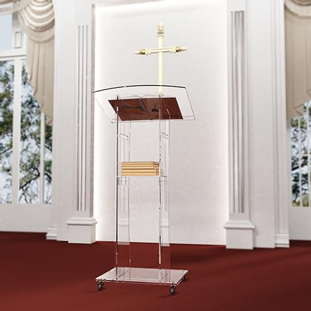 Acrtmatic Acrylic Clear Rolling Wheel Podium Stand, 47-inch Modern Lectern & Podium with Storage Shelf for Church, Speech，Classroom, Wedding, Concert. (23.6" L x 15.7" W x 47.2" H)