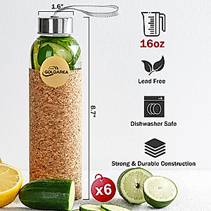 GoldArea 6 Pack Glass Water Bottles with Sleeves, 16 oz Glass Bottles with Stainless Steel Caps, Reusable Sport Water Bottles, Juice Containers with Lids for Fridge, Leakproof Bottles for Beverage