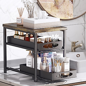 Under Sink Organizers and Storage, 2-Tier Sliding Under Bathroom Cabinet Storage Drawer Organizer with Solid Rustic Wood Top, Multi-purpose Under Sink Shelf Organizer for Home, Kitchen, Bathroom