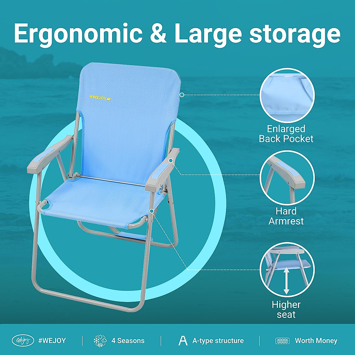 #WEJOY Folding Beach Chair for Adults, Lightweight Beach Chair with Shoulder Straps, High Back Beach Chairs with Hard Armrest, Supports 300lbs for Beach Lawn Concert