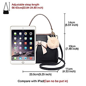 Leather Handbags for Women, Cow Leather Ladies Top Handle Bag with Adjustable Shoulder Strap Fluffy Ball Bow-knot Decoration Womens Small Designer Crossbody Totes Girls Cute Messenger Bag (Black)