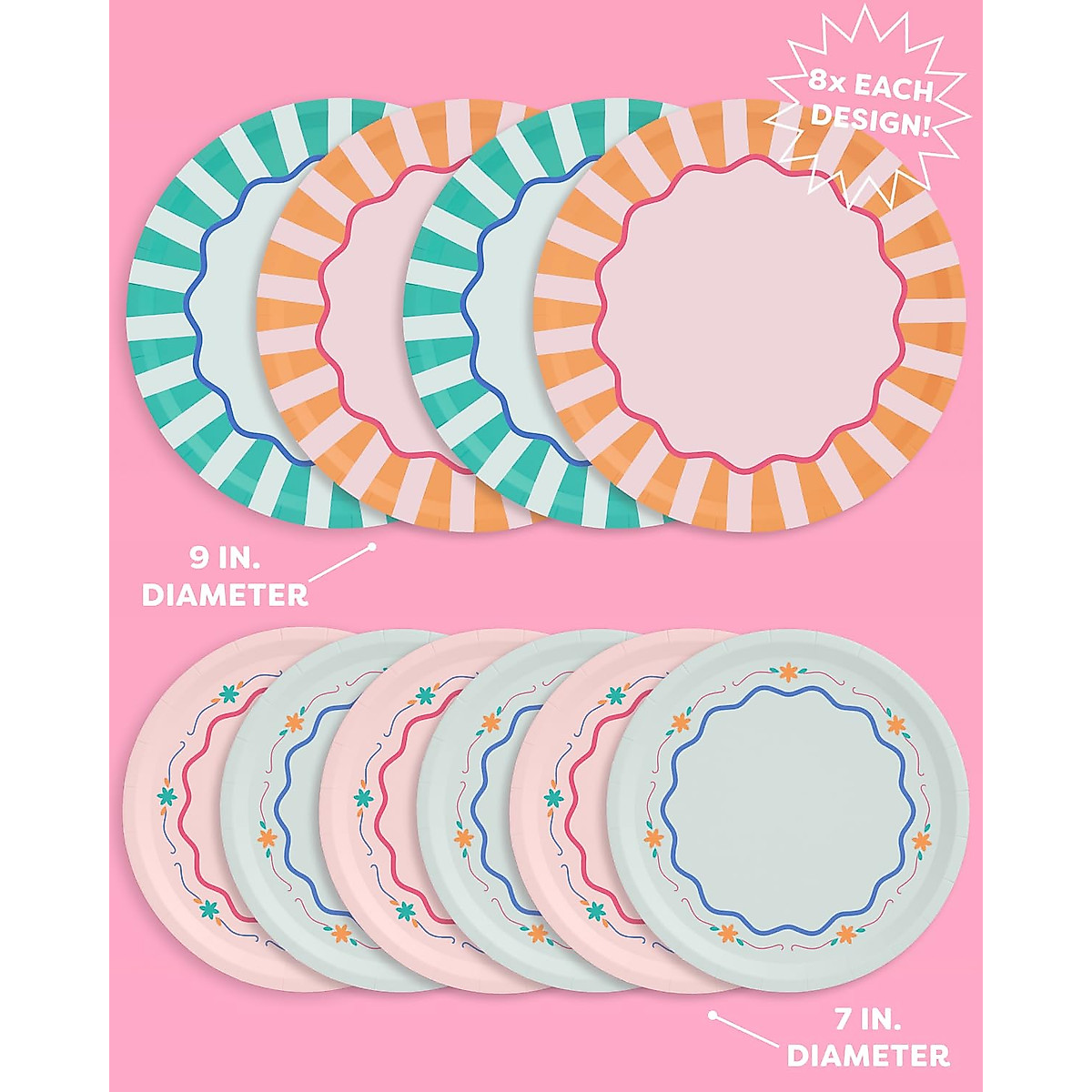 xo, Fetti Italian Summer Paper Plates - 32 pk, 16 9" plates + 16 7" plates | Bachelorette Party Decorations, Last Toast Coast, Birthday Party Supplies, Flower Baby Shower, Stripe Cake Plates