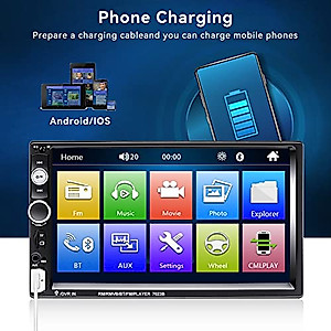 CAMECHO 7" Double Din Car Stereo Audio Bluetooth MP5 Player USB FM Multimedia Radio+ 4 LED Mini Backup Camera with Steering Wheel Remote Support Mobile Phone Synchronization (Used in Android/iOS)