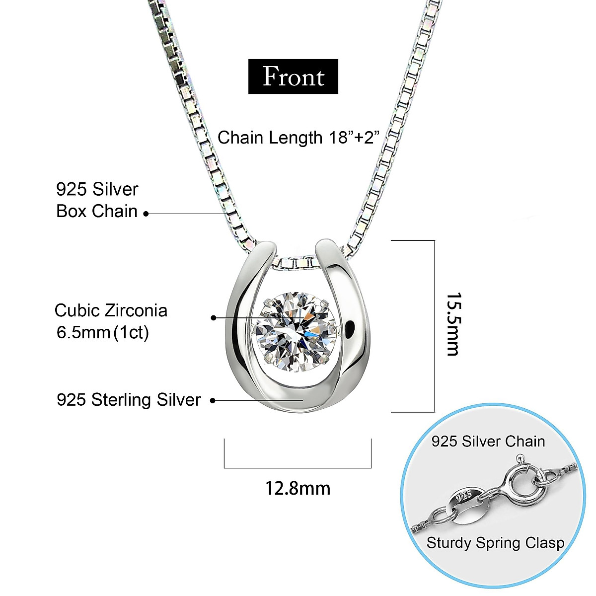 ARINZA Silver Necklace for Women, Dancing Diamond Cubic Zirconia, Horseshoe Pendant with 18+2 Inch Chain, Anniversary Birthday Gifts for Women, Wife, Mom, Girlfriend, Lady