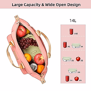 CSFICTS Lunch Bag for Women, Extra Large Insulated Lunch Box, Wide-Open Lunch Tote Cooler Bag With Side Pockets and Removable Shoulder Strap, Lunchbag For Work Picnic Hiking Beach, Pink