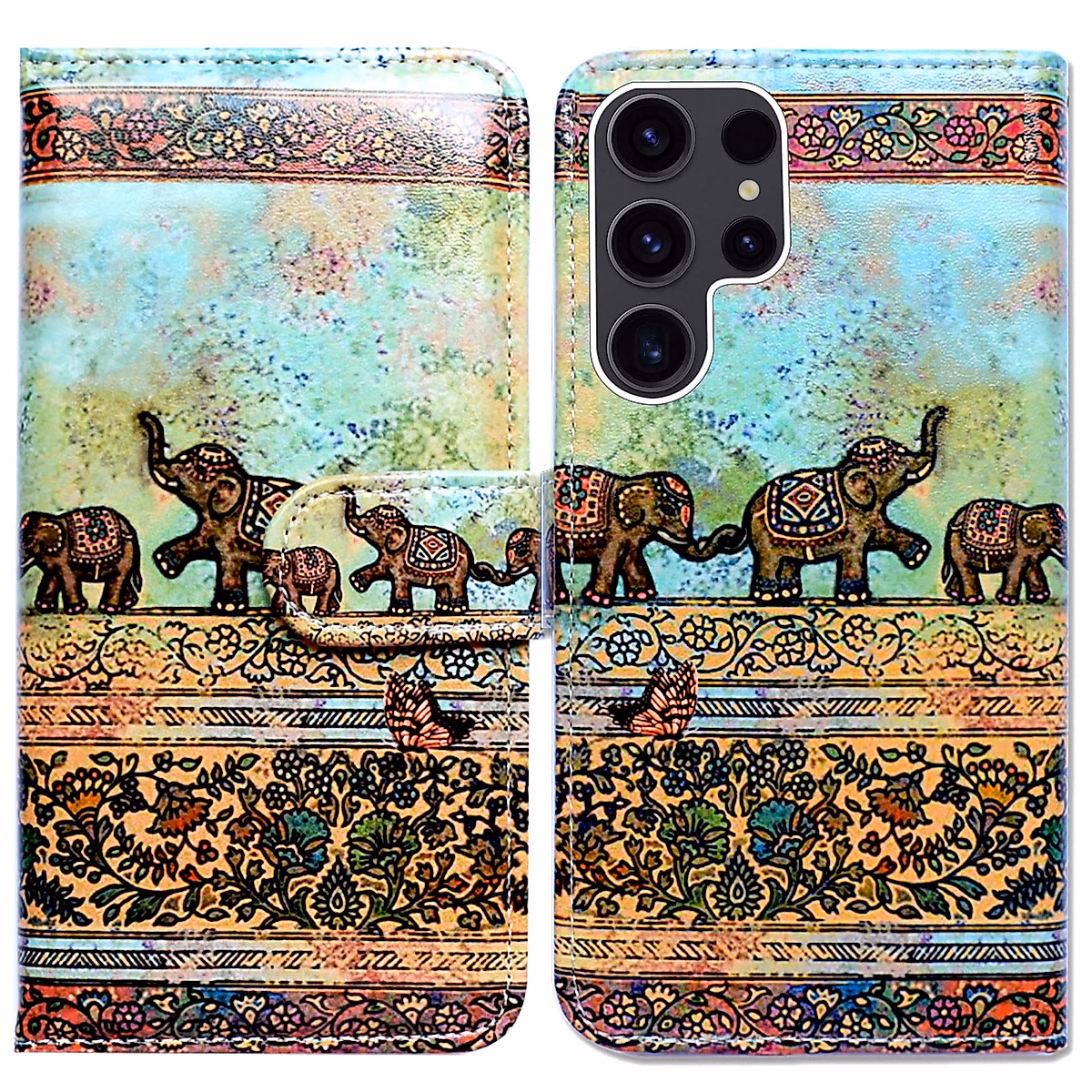 Bcov Galaxy S23 Ultra Case, Tribal Elephants Pattern Leather Flip Phone Case Wallet Cover with Card Slot Holder Kickstand for Samsung Galaxy S23 Ultra