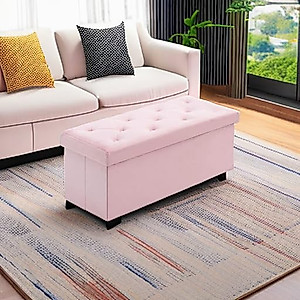 BRIAN & DANY 43 Inches Folding Storage Ottoman Bench, Velvet Ottoman with Storage for Living Room, Long Shoes Bench,Flannelette Footrest Benches Seat (Pink)