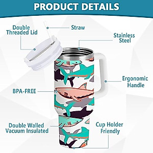 ARGTILDN 40 oz Tumbler Cartoon Fish Sea Insulated Travel Mug with Handle and Straw Lid Stainless Steel Vacuum Coffee Cup Tea Beverage Container Water Bottles for Car Sports office