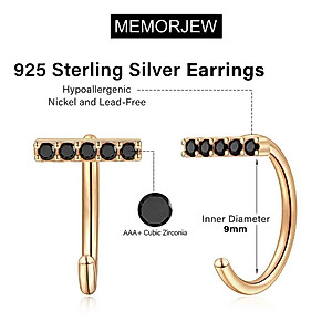 Memorjew 925 Sterling Silver Earrings for Women, Tiny Cubic Zirconia Bar Open Huggie Half Hoop Earrings Mini Minimalist Gold Hypoallergenic Earrings for Women Sensitive Ears
