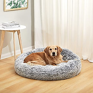 Bedfolks Calming Donut Dog Bed, 36 Inches Round Fluffy Dog Beds for Large Dogs, Anti-Anxiety Plush Dog Bed, Machine Washable Pet Bed (Dark Grey, Large)