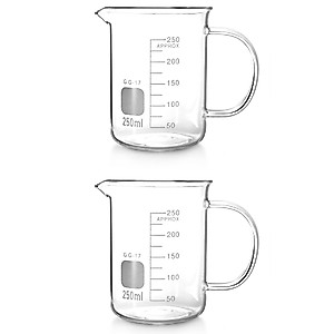 QWORK Beaker with Handle, 250ml/8.45oz, Measuring Cup, Borosilicate Glass, Beaker Mug with Pouring Spout, 2 Pack