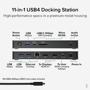 Plugable USB C Docking Station Dual Monitor, 11-in-1, USB4 40G 100W Laptop Charging Dock for Windows and Thunderbolt, 4K HDMI 2.1 upto 120Hz, 2.5Gbps Ethernet, SD Reader, 20W USB-C Charging Driverless