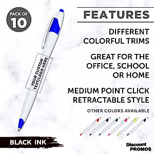 DISCOUNT PROMOS Custom Slim Curvy Ballpoint Pens Set of 10, Personalized Bulk Pack - Black Ink, Retractable, Great for Office, School, Tradeshows - Blue Black