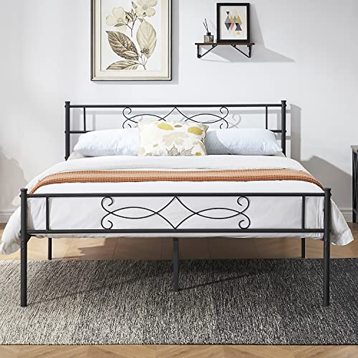 VECELO 14" Full Size Metal Platform Bed Frame with Headboard,Premium Steel Slat Support No Box Spring Needed,Noise-Free Anti-Slip,Easy Assembly