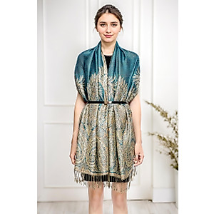 Achillea Luxurious Double Layered Jacquard Big Paisley Pashmina Shawl Wrap Scarf (Turquoise)