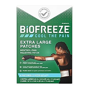 Biofreeze XL Patches Menthol Pain Relieving Patches (4/Box) 2 Sizes Up To 8 Hours Of Long Lasting Pain Relief Of Sore Muscles, Arthritis, Simple Backaches, And Joint Pain (Packaging May Vary)