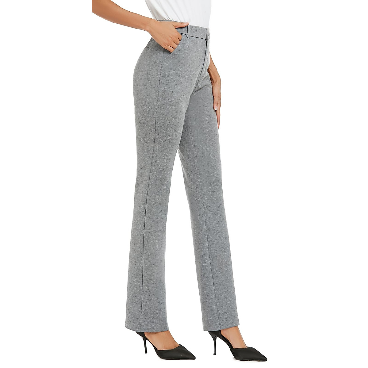 iChosy Women's Stretchy Straight Leg Dress Work Pants Business Office Casual Slacks with Pockets Grey29 16