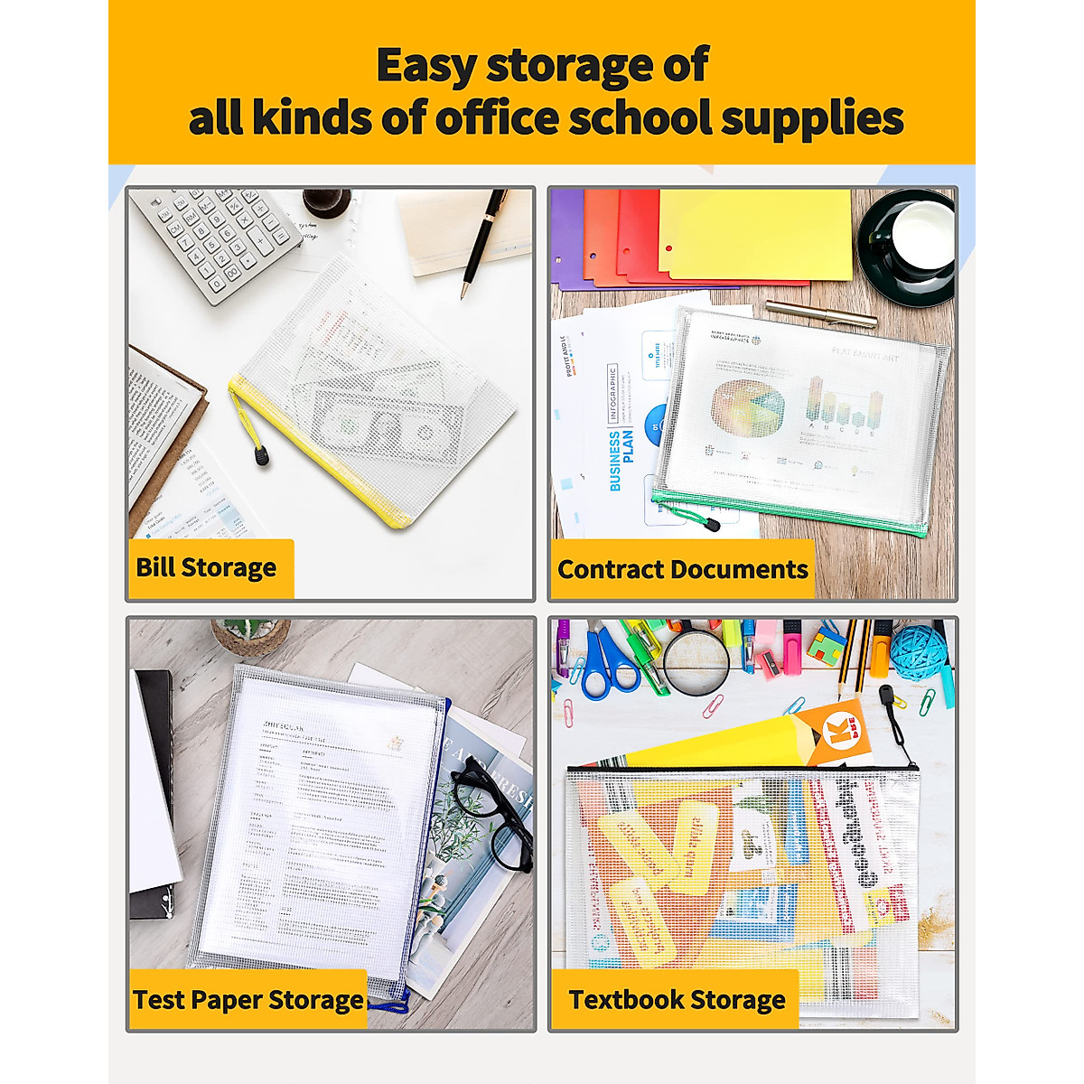 SUNEE 12pcs Mesh Zipper Pouch 11x16, Large Storage Bags for Board Game & Puzzle Organizing, Reusable Plastic Zip Organizer for Travel (A3, 6 Colors)