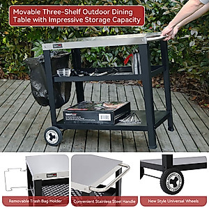 Grills House Movable 3-Shelf Grill Cart with Wheels, 33.5" L x 20" W Stainless Steel Tabletop, Multifunctional Dining Table for Pizza Oven, Food Prep, Outdoor Garden BBQ Trolley, PC-AMZ-3404S, Silver