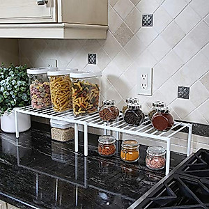 Smart Design Premium Extendable Storage Shelf – Lengthen from 16 to 32.5 in., White – Steel Pantry Organizer with Rust-Resistant Finish and Non-Slip Feet for Easy Home Organization and Storage