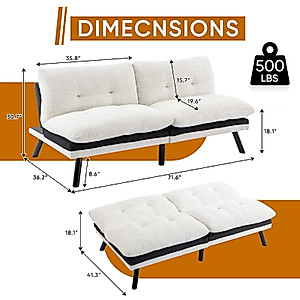 Futon Sofa Bed, Convertible Sleeper Couch Memory Foam Small Splitback Loveseat for Living Room, Upholstered Love Seat with Adjustable Backrest and 6 Metal Legs, Thicker Cushion Version (Creamy White)