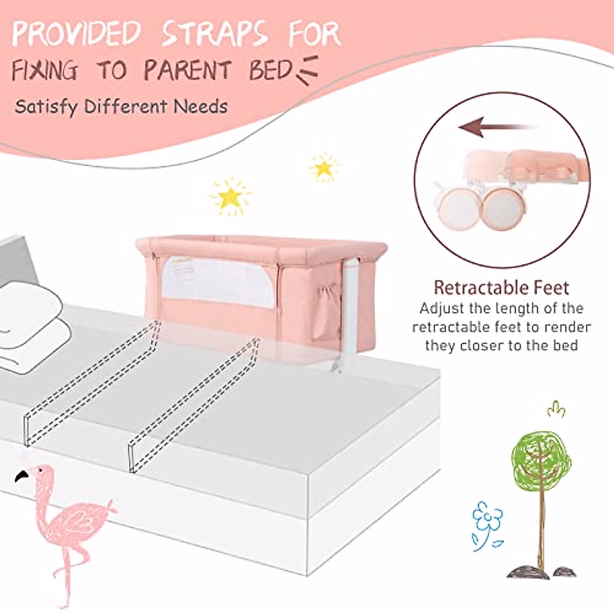 HONEY JOY Baby Bassinet Bedside Sleeper, 3-in-1 Easy Folding Portable Crib for Baby with Wheels, 5 Adjustable Heights, Easy to Assemble Bed to Bed, Mattress & Carry Bag for Infant Newborn (Pink)