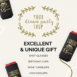 Cheers & Beers to 35 Years Slim Can Coolers 35th Birthday Party Coolies, Set of 12, Black and Gold Can Coolers, Perfect for Birthday Parties, Birthday Decorations…