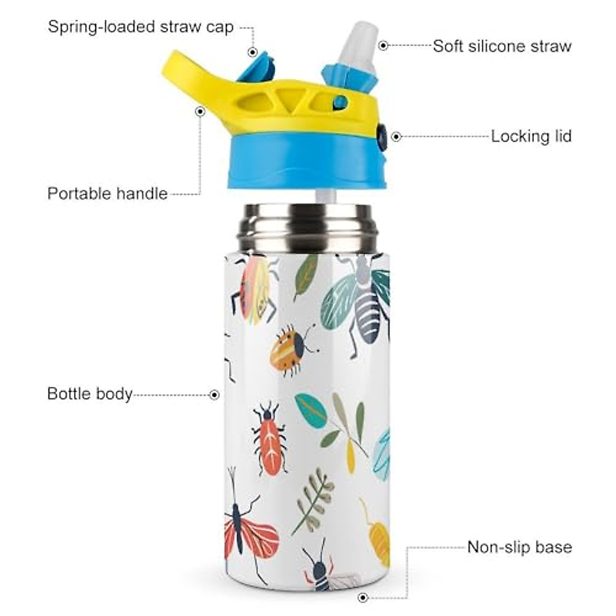 Stainless Steel Water Bottles Bright Insect Pattern Travel Water Cups with Handle And Silicone Straw Drinking Cup with Leak Proof Lid Thermo Travel Mug for Women Men