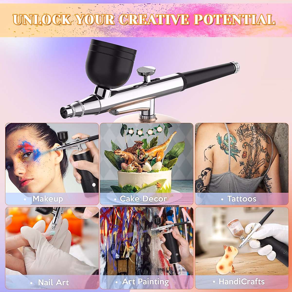 Uthlusty Cordless Airbrush Kit, Airbrush Kit with 0.3mm Tip, Handheld Rechargeable Air Brush with Compressor for Makeup, Nailart, Painting, Cake, Cookie, Model
