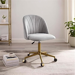 Pemberly Row Upholstered Adjustable Swivel Desk Chair Gold Legs in Light Gray