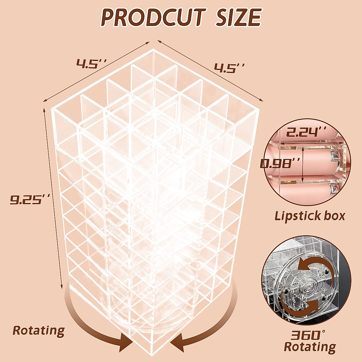 display4top Lipstick Holder, Acrylic Rotating 64 Lipstick Tower Organizer, 360 Degree Spinning Lipstick Tower Lipgloss Stand with Removable Dividers