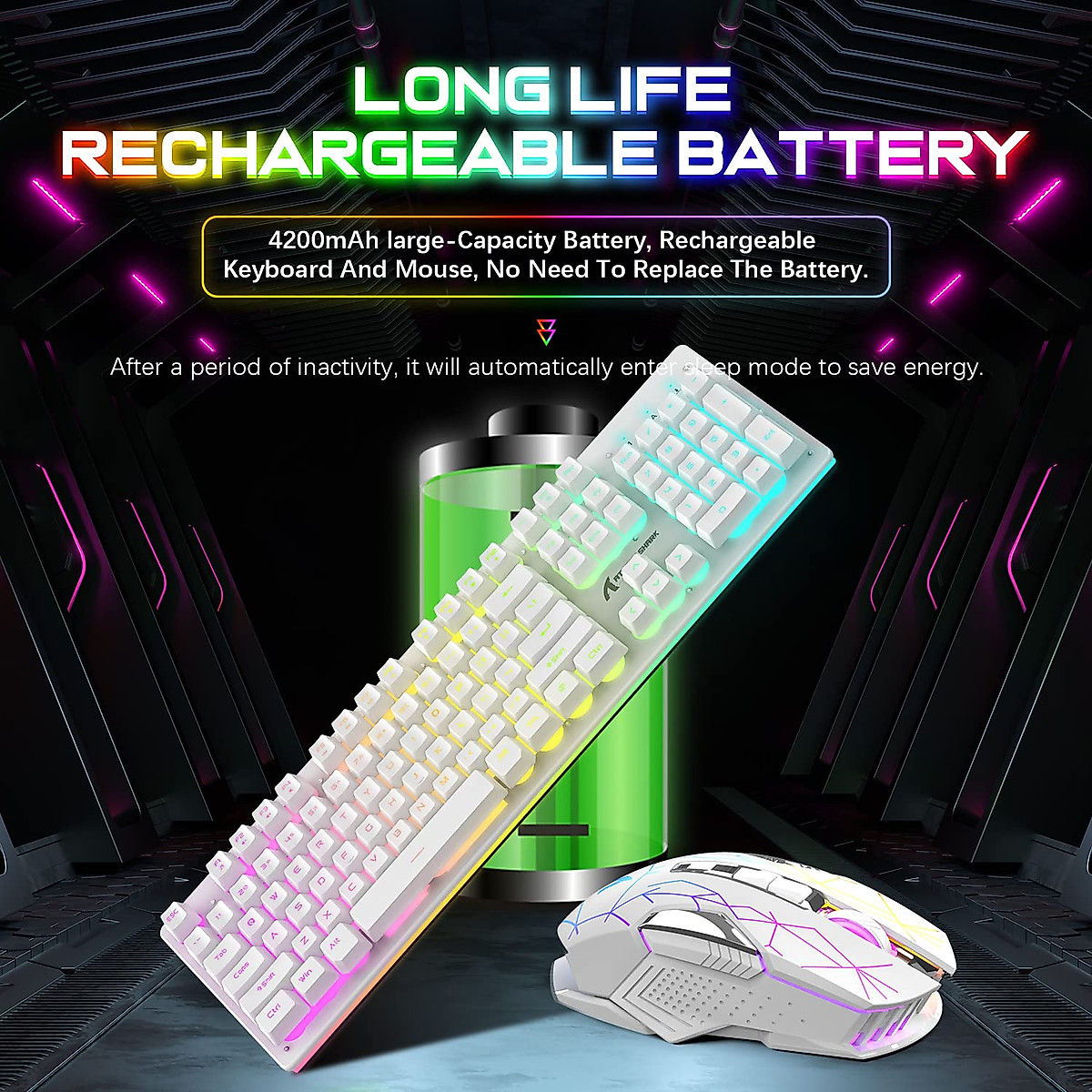 2.4G Wireless Gaming Keyboard and Mouse,Type C/USB Dual Receiver,RGB LED Backlit,Rechargeable 4200mAh,Full Size Mechanical Feel,Silent Mice,Mouse Pad for PC,Laptop,Smartphone,PS4,PS5,Xbox(White)