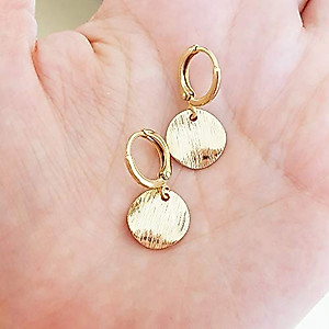Textured Disk Charm 14K Gold Clasp Closure Dangle Earrings, Trendy Huggie Hoop With Charm Earrings, Hypoallergenic Nickel Free, Lightweight Huggies for Everyday Fashion Handmade Boho Jewelry For Women