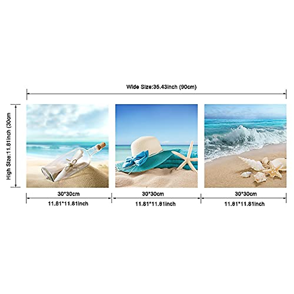 Pyradecor 3 Panels Starfish Seashell Bottle Beach Pictures on Canvas Wall Art Modern Seascape Stretched and Framed Giclee Canvas Prints Seaview Landscape Artwork for Bedroom Home Office Decorations