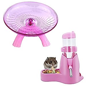 3 in 1 Hamster Water Bottle + Flying Saucer Exercise Wheel for Dwarf Hamster Mouse Rat Hedgehog (Pink)
