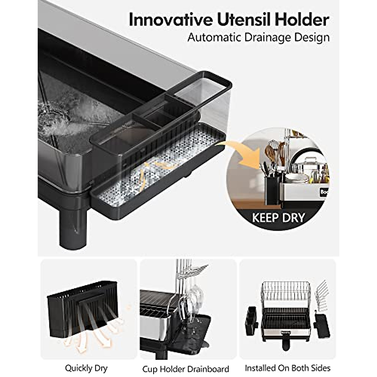 BOOSINY Dish Drying Rack with Drainboard Set, 304 Stainless Steel Dish Rack, 2 Tier Extra Large Dish Drainer with Cup Holder and Utensil Holder for Kitchen Counter of Big Family