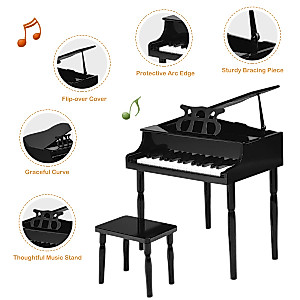 Costzon Classical Kids Piano, 30 Keys Wood Toy Grand Piano with Music Stand and Bench, Mini Musical Toy for Child, Ideal for Children's Room, Toy Room, Best Gifts (Straight Leg, Black)