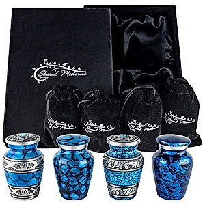 Shared Memories Cremation Urns for Human Ashes - 4 Small Keepsake Mini Urns for Human Ashes | Beautiful Engraved Funeral Urn for Human Ashes in Keepsake Box (Blue, 4)