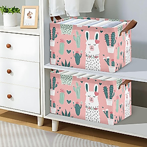 SPRIPORT Llama Cactus Pink Foldable Storage Cube for Shelves Fabric Storage Bin with Metal Frame & Double Handles Large Storage Basket for Organizing Blankets Toys Books Clothes