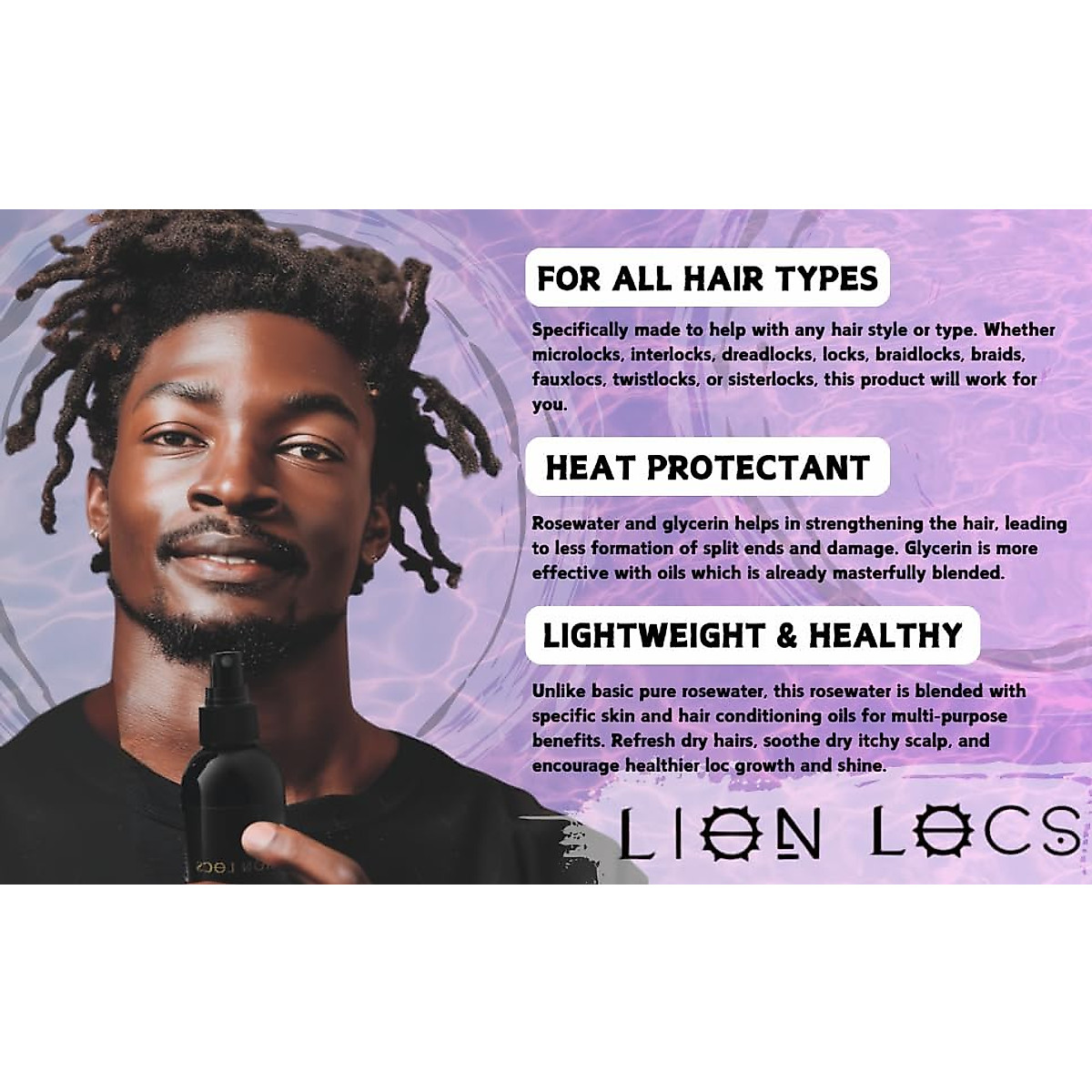 Lion Locs Rosewater Spray for Dreads and Locs - Organic Vegan Conditioner with Aloe, Oils, Vitamins, and Glycerin
