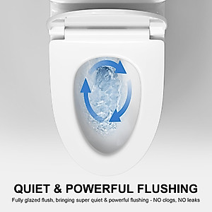 Dual Flush Elongated Standard One Piece Toilet with Comfortable Seat Height, Powerful & Quiet Dual Flush Modern Toilet, 12'' Rough-In, Glossy White，6636