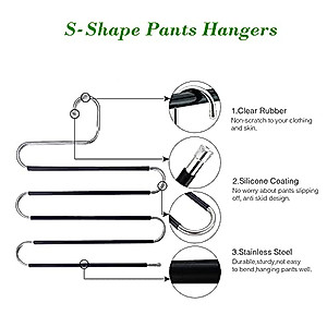 S-Shape Pants Hangers Space Saving Trousers Hangers 4 Pack, 5 Layer Stainless Steel S-Shape Trousers Hangers