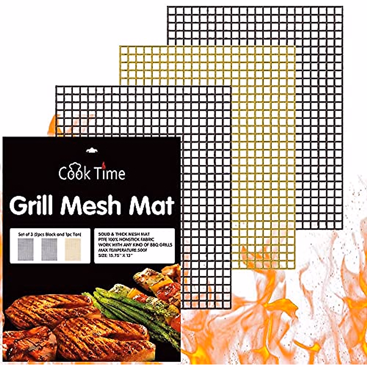 BBQ Grill Mesh Mat Set of 3 - Non Stick Barbecue Grill Sheet Liners Teflon Grilling Mats Nonstick Fish Vegetable Smoking Accessories - Works on Smoker,Pellet,Gas,Charcoal Grill,15.75x13inches