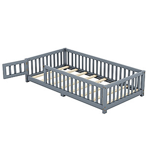 DNYN Twin Size Floor Bed for Kids Bedroom,Solid Wood Bedframe w/Door/Safety Guardrails/Wood Slat Support/Easy Assemble/Space Saving Design/No Box Spring Needed, Gray